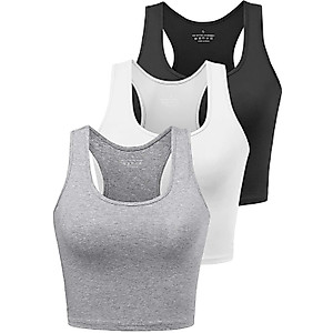 Porvike 3-Pack Sports Crop Tank Tops for Women: Racerback Yoga, Running, Gym Workout Shirts (S, Black/White/Grey)