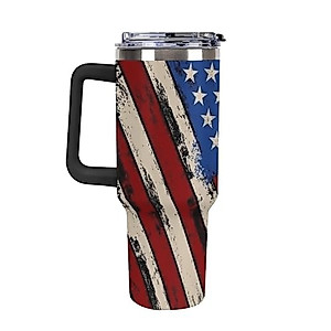 100% BLUE COLLAR Handle Tumbler for Women and Men, Cool American Flag Large Capacity Stainless Steel Cup with Rubber Ring and Straw, Water Bottle for Walking,Climbing