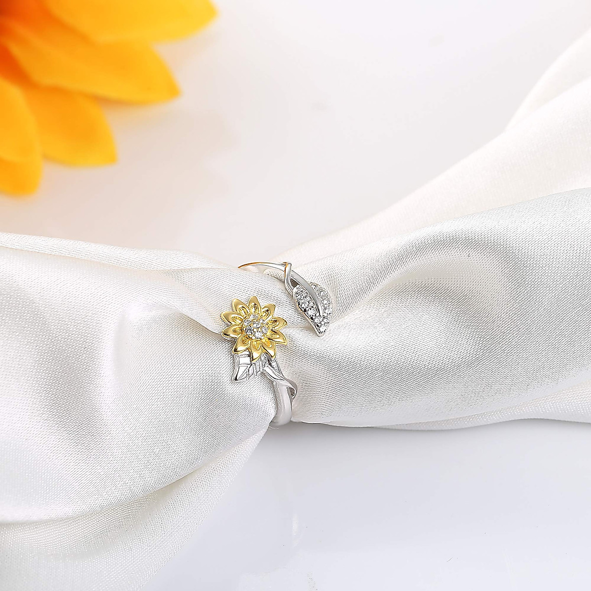 MILACOLATO Sunflower Ring Sterling Silver You are My Sunshine Ring 18K Gold Plated Adjustable Sunflower Band Rings for Women Valentine's Day Mother's Day Jewelry Gifts for Her, Size 9