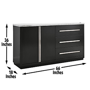 Steve Silver Furniture Camila Server, Birch Veneer, Soft Close Doors, Asymmetrical Design, Finish, Black Sideboard, 66 x 18 x 36, Ebony, White marble top