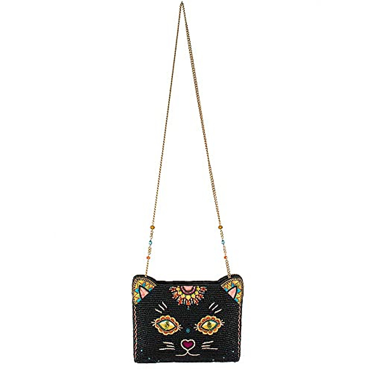 Mary Frances Purrsuasian Beaded Sugar Skull Cat Crossbody Clutch Handbag, Black