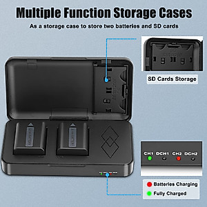JYJZPB NP-FW50 Replacement Battery Charger Set Dual Channel Compatible for Sony Alpha A6000 A6400 A6500 A6300 A6100 ZV-E10 A7 A7II A7RII A7SII A7S A7S2 A7R A7R2 A5100, Camera Batteries Charger Case