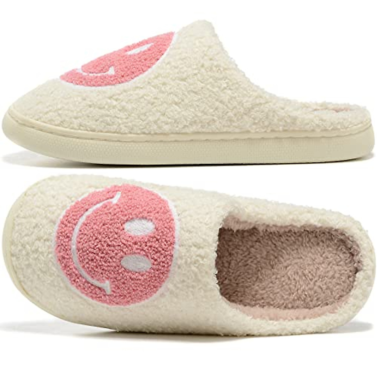 Retro Fuzzy Face Slippers for Women Men, Retro Soft Fluffy Warm Home Non-Slip Couple Style Casual Smiley Face Slippers Indoor Outdoor Anti-Skid Warm Cozy Foam Slide Fuzzy Slides with Soft Memory Foam Shoes