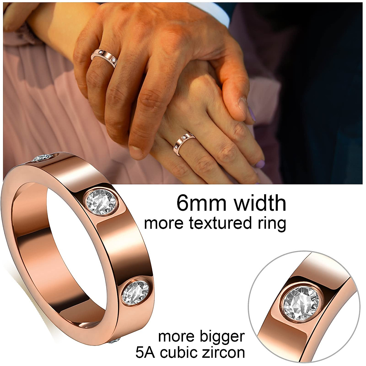 Love Friendship Rings 18K Gold Plated Silver with CZ 6mm Stainless Steel Promise Rings Wedding Band Fashion Love Rings for Her Women Teen Girls Valentine's Day with Gifts Box (7, Rose gold)