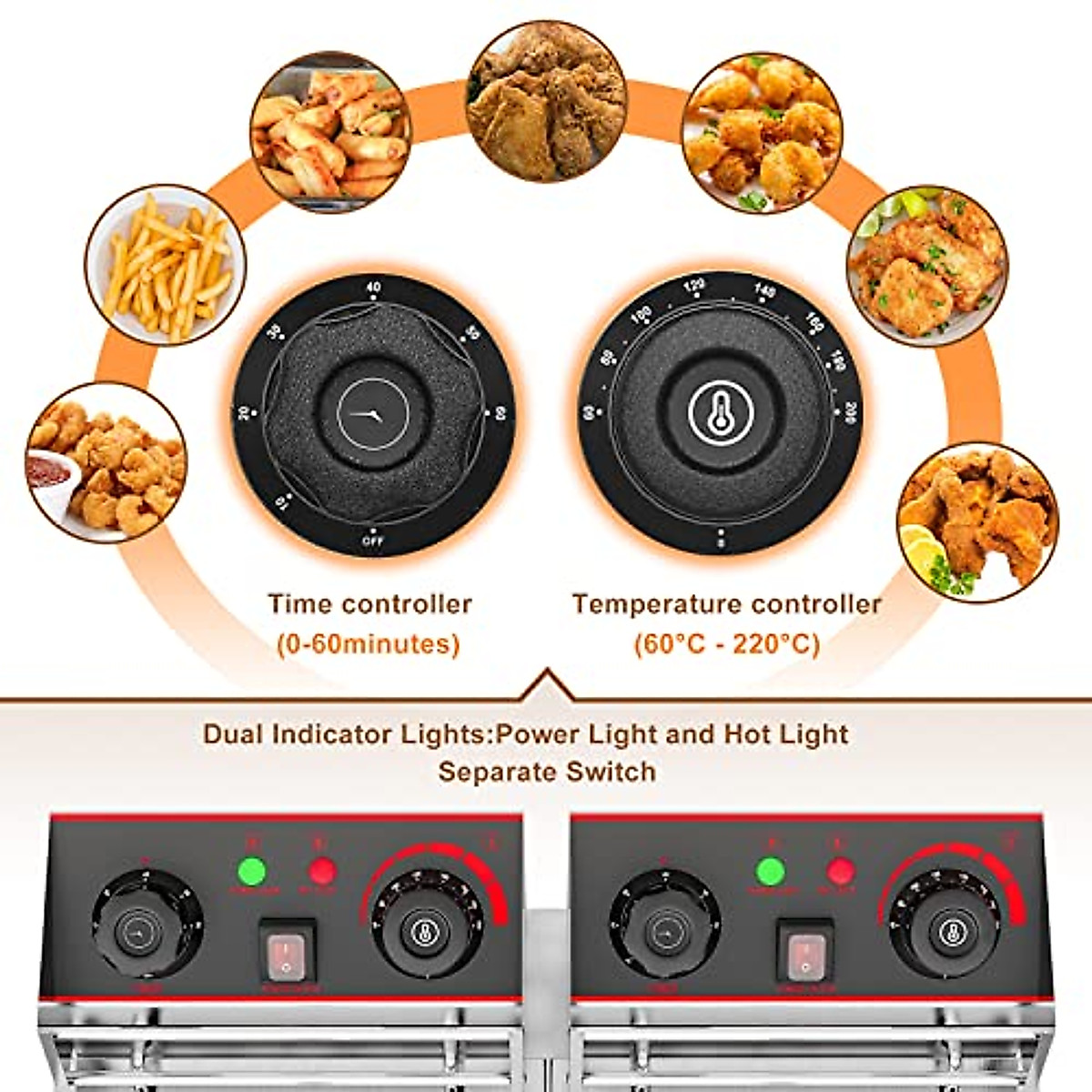 Commercial Deep Fryer with Basket 2 x 6.3QT/6L Electric Fryer with Drain Valve&Time Controller&Temperature Controller Countertop Large Stainless Steel 2 Baskets French Fry Fish Fat Fryer