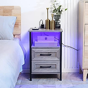 HOSEOKA Night Stand Charging Station and RGB Lights for Night Side Table Nightstand with USB Ports and Outlets Grey Night Stand Table with Drawers Farmhouse Nightstand for Bedroom