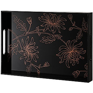 Hacaroa Black Acrylic Serving Tray with Handles, 17" x 12" Rectangular Breakfast Tray for Coffee Table, Appetizer, Tea, Decorative Floral Vanity Tray Organizer, Spill-Proof