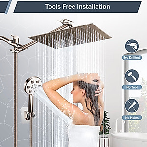 Shower Head Brushed Nickel, 10" High Pressure Rain Shower Head and 6 Spray Settings Handheld Shower Head Combo, Built-in Power Wash, with 11’’ Extension Arm/60" Hose, Height/Angle Adjustable
