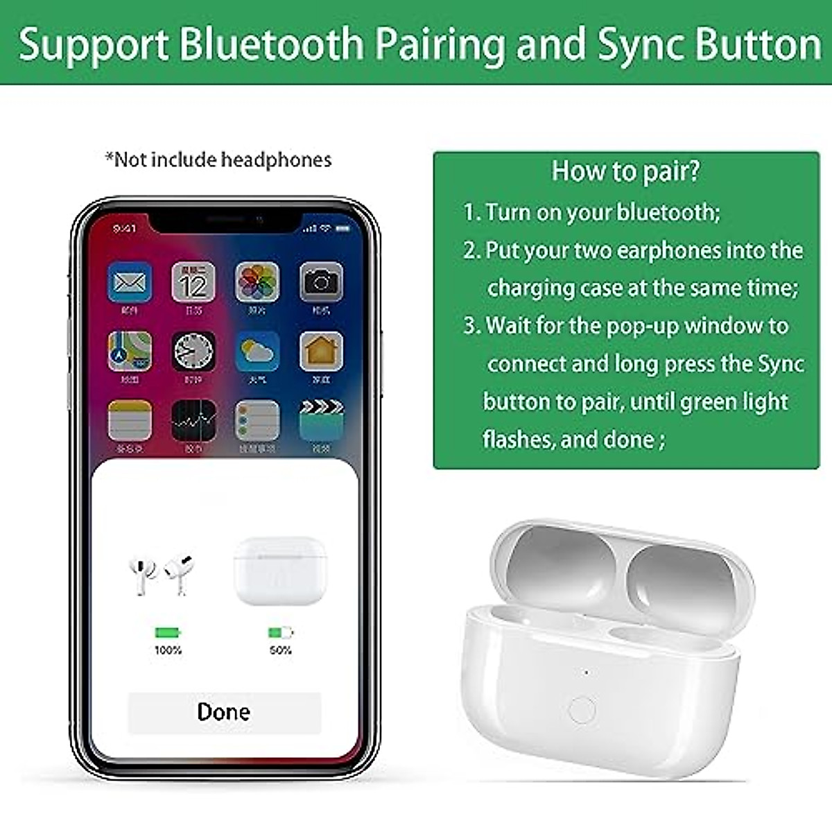 Wireless Charging Case Replacement for AirPods Pro, Wired Charger Case Only Compatible with AirPods Pro 1st & 2nd Gen, 660 mAh Built-in Battery, Support Pairing & Sync Button(Earbuds Not Included)