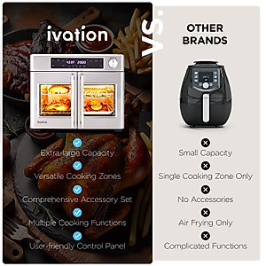 Dual Zone Air Fryer French Door Oven - 32 Qt Convection Toaster Combo - 10-in-1 Multifunction Up to 450° - 1800W - Temperature Control, Timer - Stainless Steel – Dehydrate, Broil, Bake, Roast, Ferment