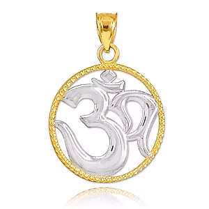 10k Two-Tone Gold Round Milgrain-Edged Yoga Medallion Om Charm Pendant
