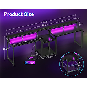 Coleshome 98 Inch 2 Person Gaming Desk with Storage Shelves- Long Double Home Office Computer Desks with USB Charging Port & LED Lights, Writing Desk with Monitor Stand, Modern Study/Work Table, Black