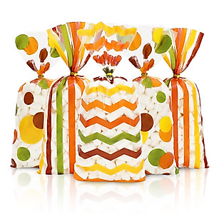 Whaline 100Pcs Thanksgiving Cellophane Treat Bags Colorful Stripe Wave Dot Plastic Gift Bags Fall Candy Goodie Bags with Twist Ties for Autumn Thanksgiving Party Cookie Snack Packing Supplies