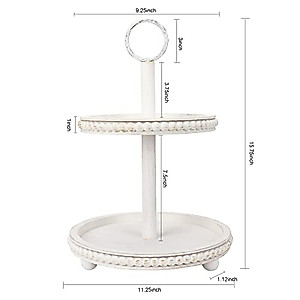 GenMous & Co. Rustic Wood Beaded 2 Tiered Tray Stand For Farmhouse Kitchen Table Decor, Rustic White Two Tiered Serving Tray For Food Fruits Cupcakes Display Coffee Bar Home Party Seasonal Decorations