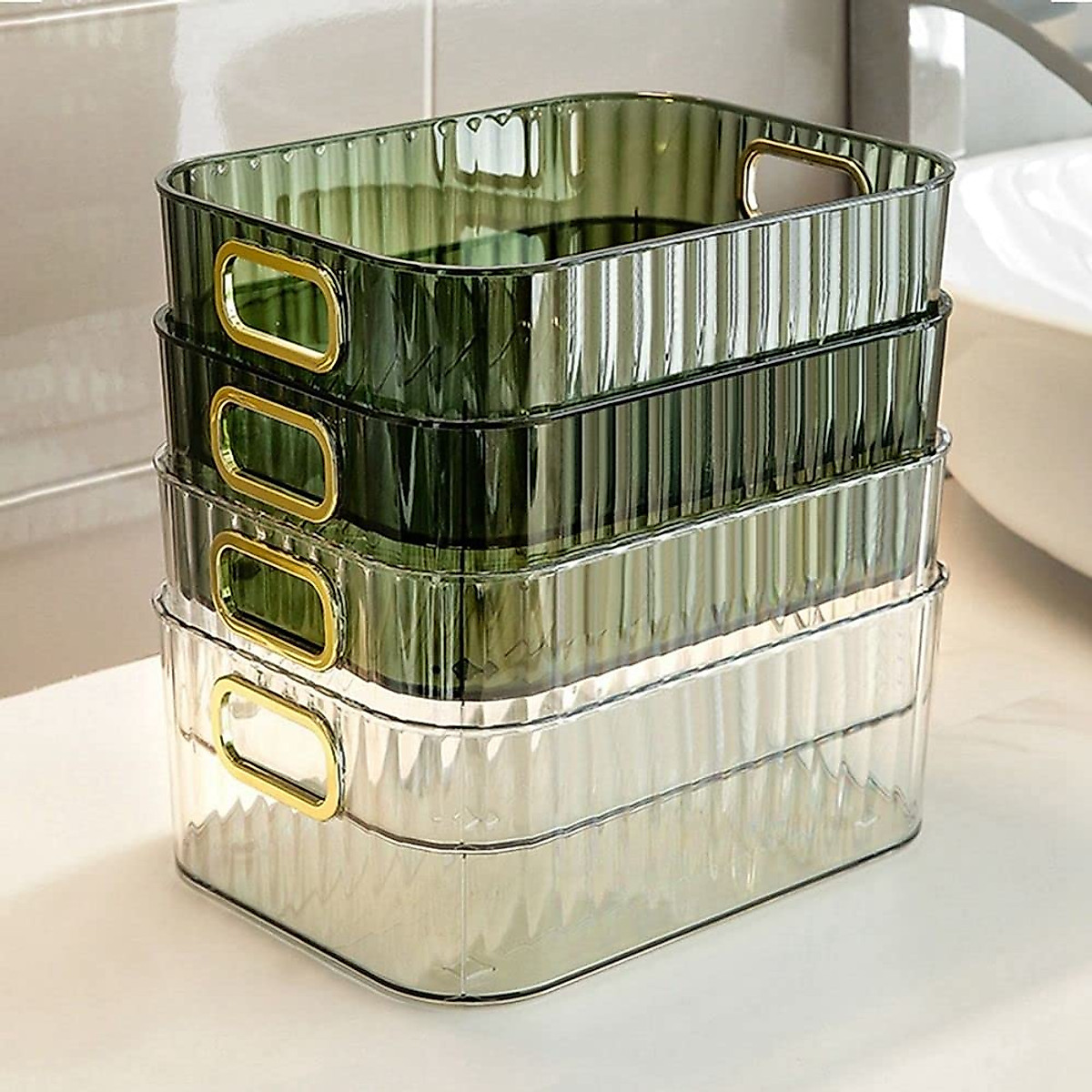 Rectangular Storage Basket, Acrylic Sundries Snack Box Bins Desktop Pantry Organizer, Cosmetic Makeup Storage Containers for Bathroom(S,Green)