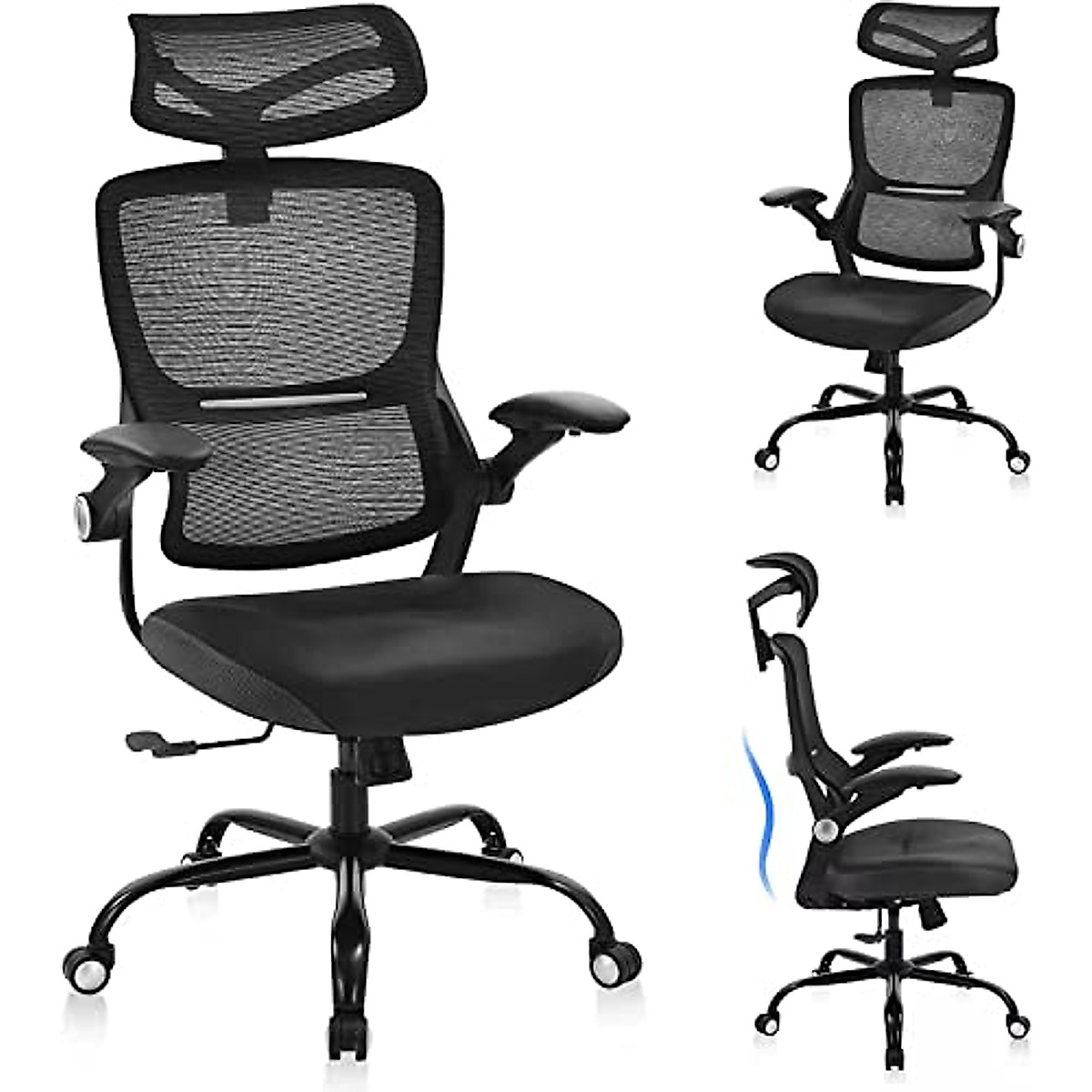 Office Chair Ergonomic Desk Chair - PU Leather Cushion Mesh High Back with Lumbar Support Computer Chair, Adjustable Flip Up Arms, Home Office Desk Chair