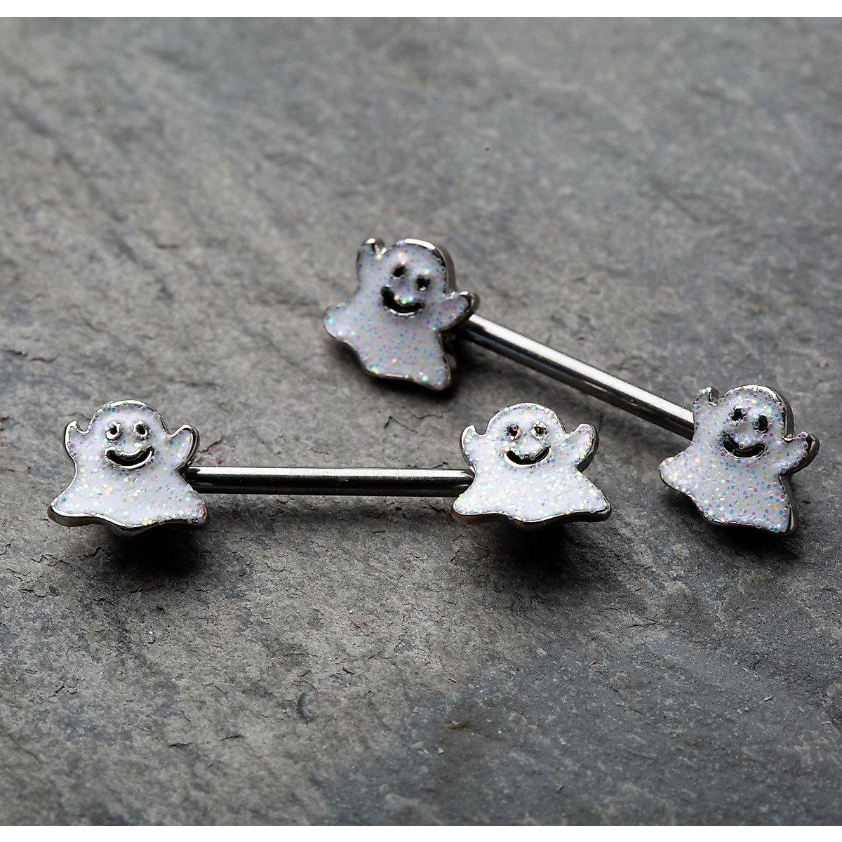 Pierced Owl 14GA 316L Stainless Steel Happy Little Ghost Ends Nipple Barbells, Sold as a Pair (Silver Tone)