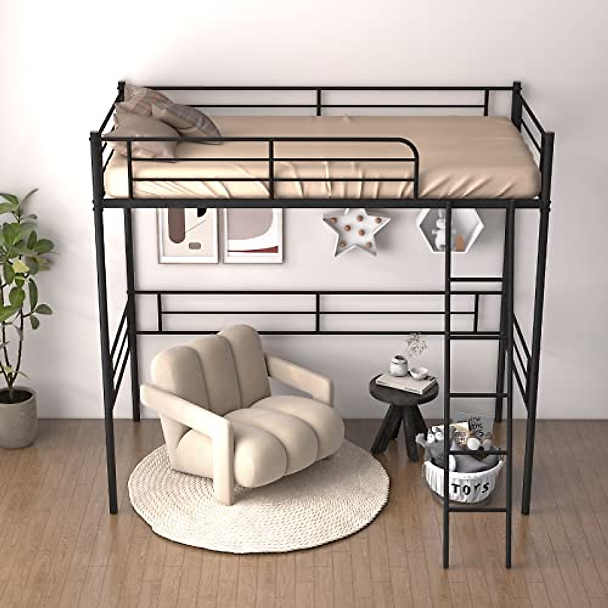 Giantex Metal Loft Bed Twin Size for Juniors & Adults, Loft Bed Frame with Ladder & Safety Guardrail, 61" Under-Bed Space, Space-Saving Twin Bed for Teens, No Box Spring Needed (Black)