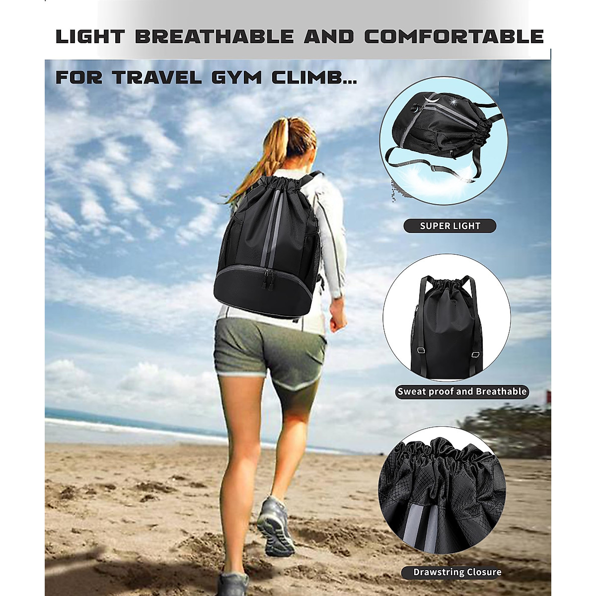 SENIKO Drawstring Backpack,String Swim Gym Bag with Shoes Compartment and Wet Proof Pocket for Women Men Sports Travel (Black)