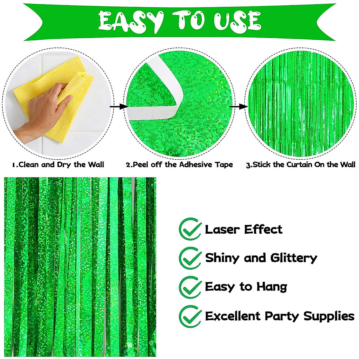Green Tinsel Foil Fringe Curtain Backdrop, 3.3 x 8.2 ft Metallic Glitter Curtain Streamers, 2 Pack Green Photoboth for Birthday St Patrick's Day Christmas Party Decorations