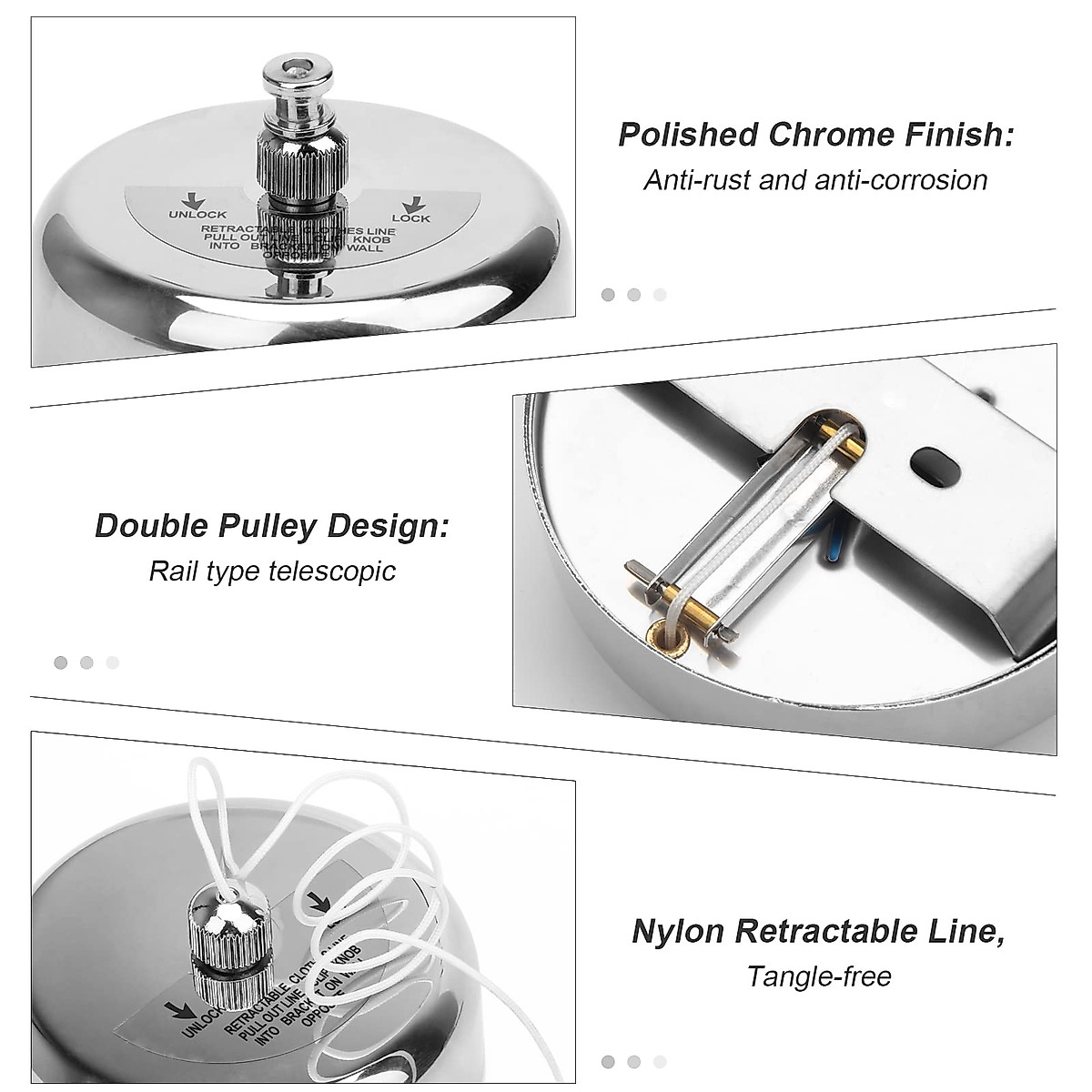 Catcan Retractable Clothesline, Stainless Steel Round Clothes Line Retracting Indoor for Hotel, Bathroom, Laundry with 10 PCS Metal Clothespins Adjustable Rope Shower Clothing Line(9.2FT Nylon String)