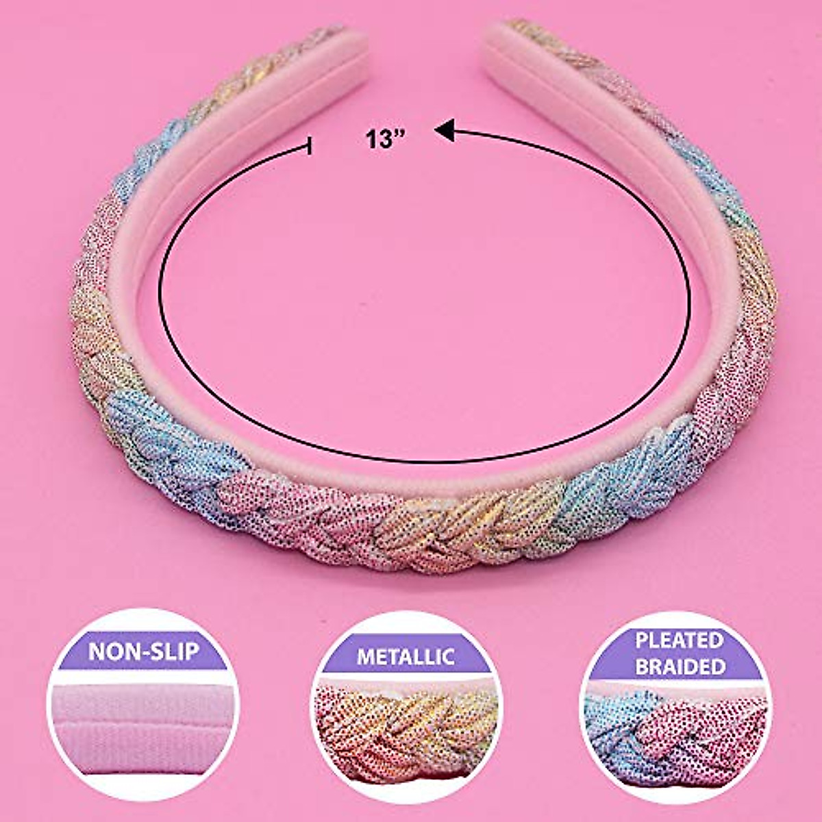 FROG SAC 2 Braided Headbands For Girls, Tie Dye Mermaid Headband for Kids, Metallic Braid Head Band Hair Accessories, Cute Rainbow Unicorn Party Favors