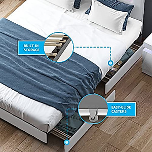Mjkone LED Bed Frame King Size with Adjustable LED Lights Headboard Upholstered Platform Bed with 4 Storage Drawers, Smart Bed Compatible with Alexa&Google, No Box Spring Needed, Easy Assembly,White