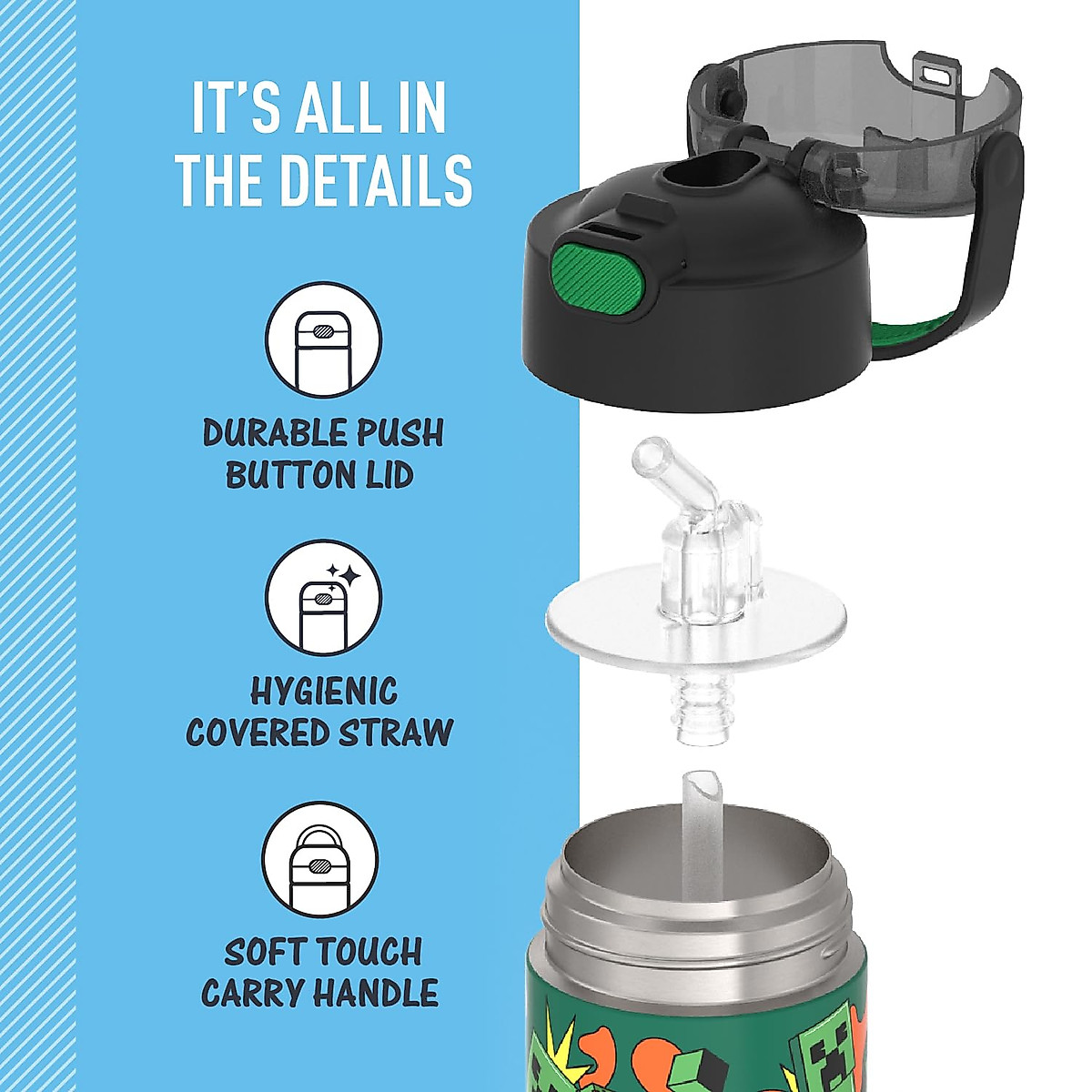 THERMOS FUNTAINER Water Bottle with Straw - 12 Ounce - Kids Stainless Steel Vacuum Insulated Water Bottle with Lid, Minecraft