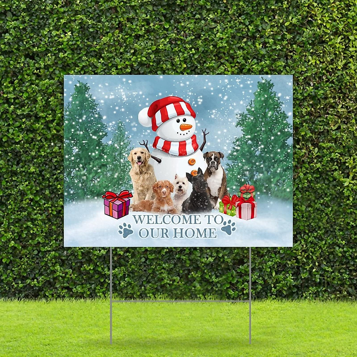 Garden Lawn Sign Christmas Welcome to Our Home Dogs and Snowman Corrugated Yard Sign Quotes Holiday Snowman for Garage Sales Rent Open House Construction 12"x18"
