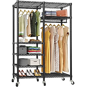 VIPEK R4 Rolling Garment Rack 6 Tiers Adjustable Heavy Duty Wire Shelving Clothes Rack with Double Rods and Lockable Wheels, Freestanding Wardrobe Closet Storage Rack Metal Clothing Rack, Black