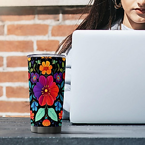 QWEUIOP 20oz Insulated Travel Coffee Mug Colorful Mexican Bird Flower Pattern Stainless Steel Tumbler with Lid Double Wall Vacuum Coffee Cup For Hot and Cold Drinks14111
