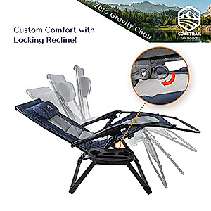 Coastrail Outdoor Zero Gravity Chair Premium Large Armrest Padded Comfort Folding Patio Lounge Adjustable Recliner with Cup Holder & Side Table, 500lb Capacity, Navy/Grey