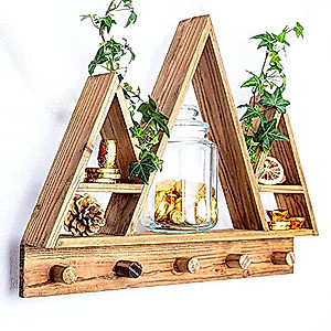 Mountain Shelf with Hooks – Triangle Shelves for Boho Crystal Shelf Display, Essential Oil Holder Organizer, Rustic Wooden Décor for Bedroom, Bathroom, Living Room, Nursery & Entryway