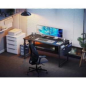 KKL Small Desk with Power Outlets and USB Port Computer Desk for Home Office Gaming Simple Modern Style Writing Desks with Storage Bag Headphone Hook, 48 inch, Black