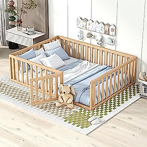 Harper & Bright Designs Full Size Floor Bed with Safety Guardrails and Door, Wood Toddler Floor Bed Frame for Girls/Boys, Full Montessori Floor Bed for Kids,Natural