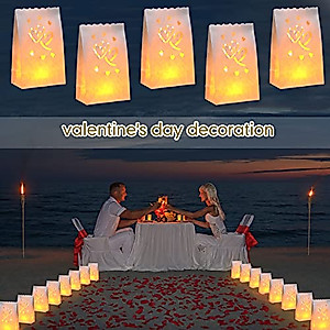 100 Pcs Valentine's Day White Luminary Bags Flame Resistant Candle Bags Hearts Design Valentines Luminaries Reusable Paper Lantern Bags Fire Retardant Candle Bags for Wedding Spring Engagement Event
