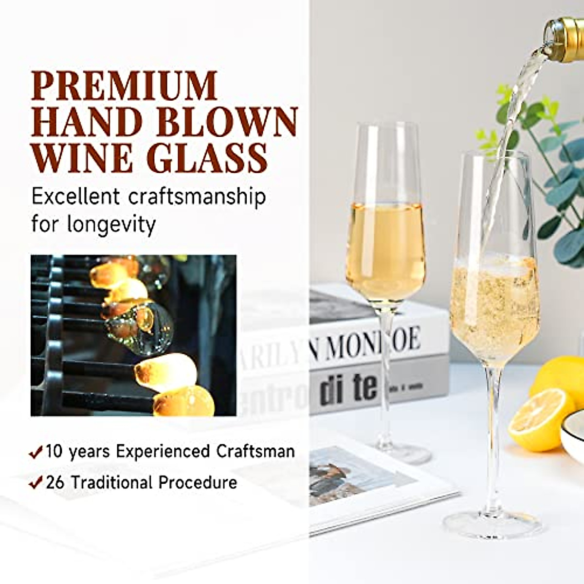 RorAem Champagne Flutes - Hand Blown Champagne Flutes Set of 4 Modern Champagne Glasses Crystal Champagne Flute Gifts for Wedding Birthday Party 8oz