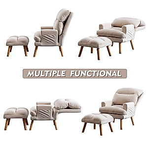 CANMOV Modern Accent Chair with Ottoman, Soft Fabric Armchair with Adjustable Backrest and Side Pockets, Comfy Lounge Chair for Living Room, Bedroom, Apartment, Office, Beige