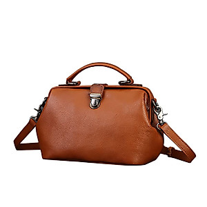 ARCOLAN Women's leather handbag retro Doctor Bag Brown Shoulder bag buckle type women's bag (Brown)