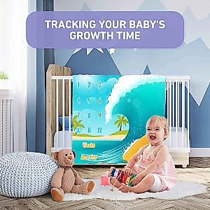PHMOJEN Baby Monthly Milestone Blanket, Sea Surfboard Waves, Newborns 1 to 12 Months Unisex Include 4 Frames and 1 Headband 47"x47"BTLSPH495