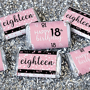 DISTINCTIVS Pink, Black, and White 18th Birthday Party Mini Candy Bar Wrappers - 45 Count, 18th Birthday Decorations for Girls Pink
