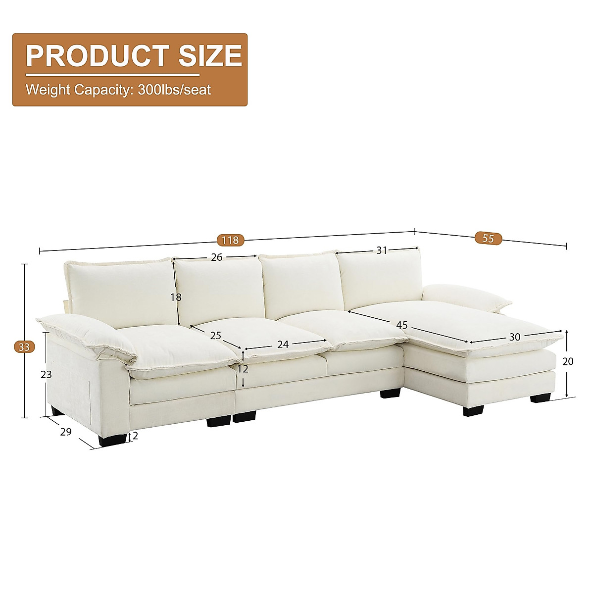 GNIXUU 118" Convertible L Shaped Sectional Sofa Couch for Living Room, Comfy Chenille Cloud Couch with Reversible Chaise, Deep Overstuffed 4 seat Couch Sleeper Upholstered Furniture(Beige)