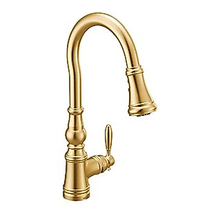 Moen Weymouth Brushed Gold Traditional Shepherd's Hook Pulldown Kitchen Faucet Featuring Pull Down Spray Head with Power Boost, S73004BG