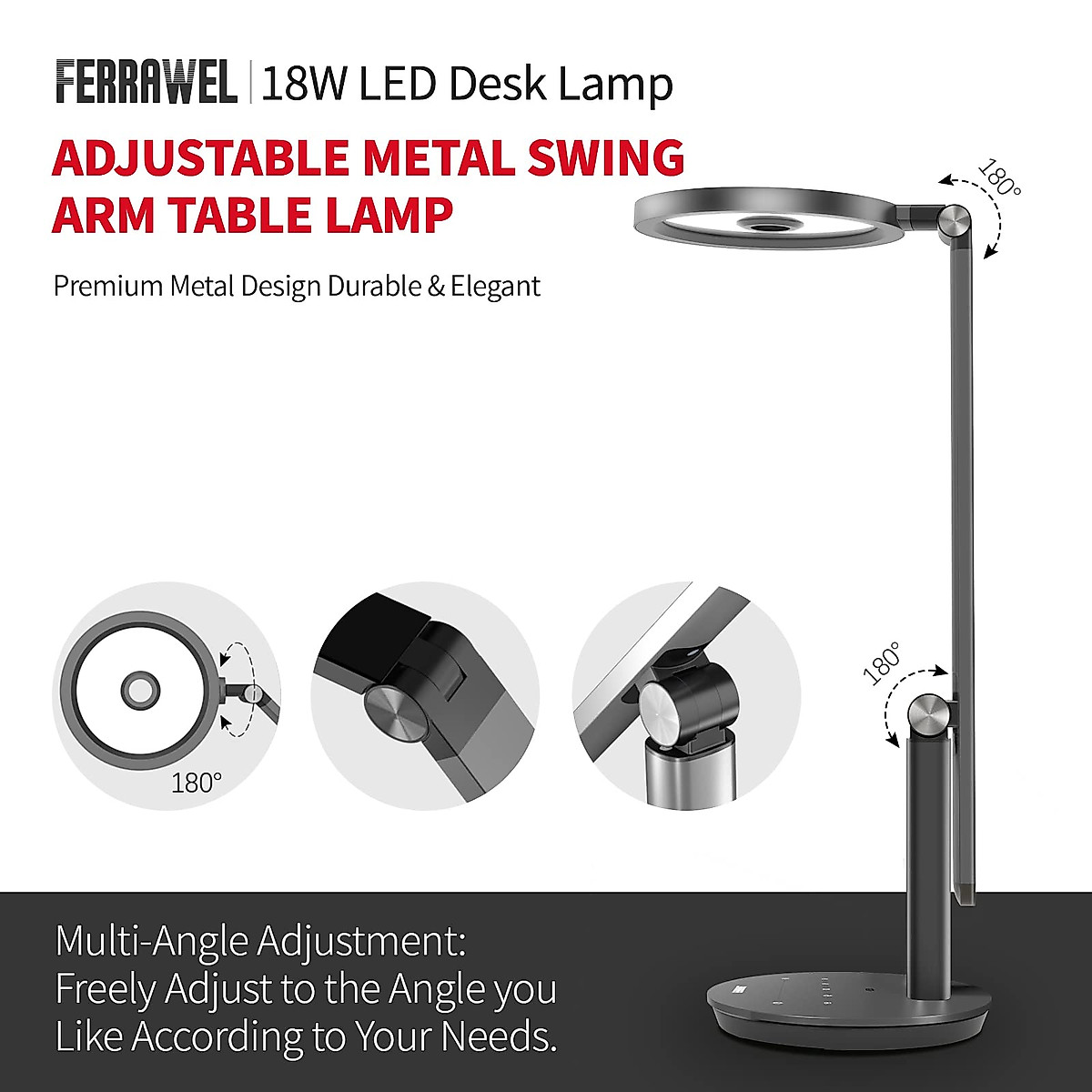 Ferrawel Natural Light LED Desk Lamp for Home Office, Auto-Dimming Eye-Caring Desk Light, Adjustable Metal Swing Arm Table Lamp, Architect Drafting Task Lamp, with Memory Function for Bedroom, Office