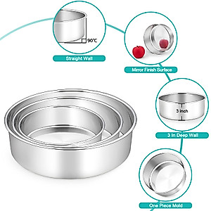 TeamFar 6/8 / 9 Inch Cake Pan, Stainless Steel Round Baking Pan for Cake Brownie Lasagna, Non-Toxic & Heavy Duty, 3” Deep Wall & One Piece, Smooth & Dishwasher Safe-Set of 3
