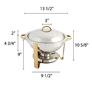 Thunder Group SLRCF0831GH Chafer, 4 Quart, Round, Lift-Off Cover, Fuel Holder, Gold Accents, Stainless Steel