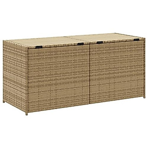 GOLINPEILO 74.8 Gal Outdoor Storage Box, Patio Rattan Deck Box, Wicker Storage Bin Deck Box, Poly Rattan Patio Storage Chest with Hinged Lid for Cushions, Pillows, 47.2"x19.7"x22" Mix Beige