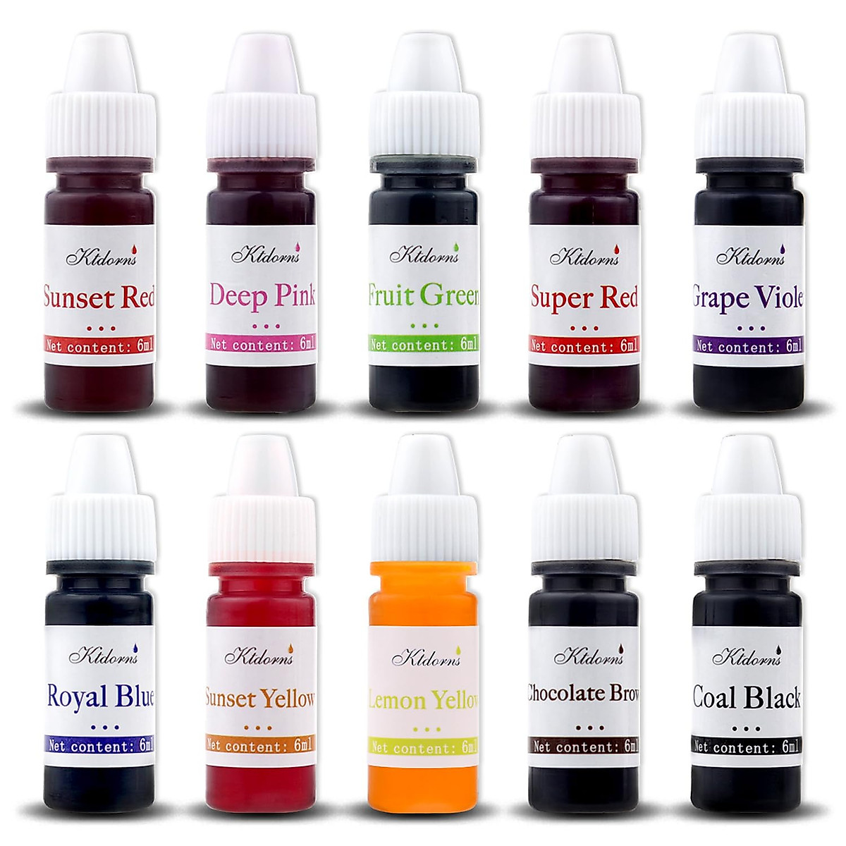 Ktdorns Soap Dye Soap Making Set - 10 Liquid Colors for Soap Coloring,Coal Black, Royal Blue,Chocolate Brown,Lemon Yellow,Fruit Green,Sunset Red,Sunset Yellow,Deep Pink,Super Red and Grape Violet.