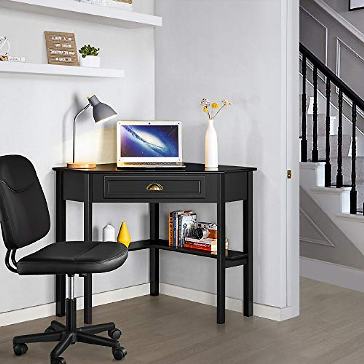 Topeakmart Home Office Writing Computer Desk with Shelves and Drawers, Corner Desk Laptop PC Table Working Station for Home Workers, Black