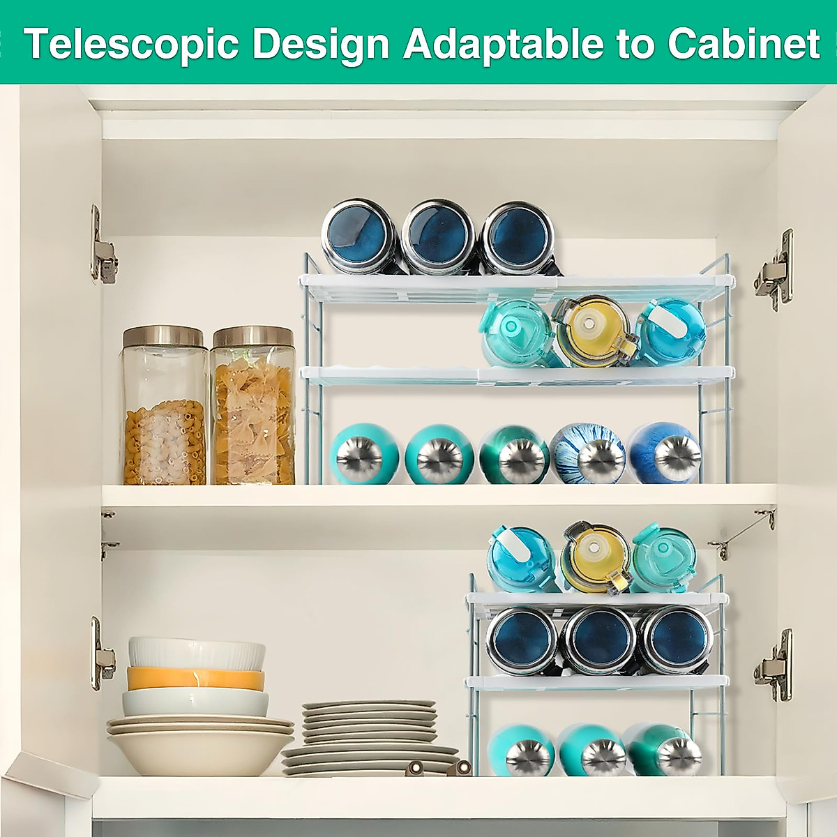 Water Bottle Organizer for Cabinet, 3 Tier Expandable Water Bottle Storage Rack, Water Bottle Shelf Storage for Tumbler Sports Flask Travel Mugs, Tumbler Storage for Cabinet Kitchen Countertop Fridge
